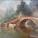 Large Antique River Landscape Oil Painting of Stone Arched Bridge and ...