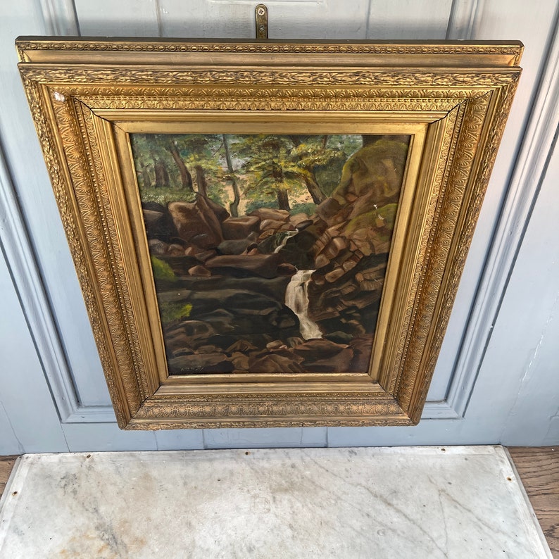 Antique Victorian River Landscape Oil Painting Study of a Waterfall ...