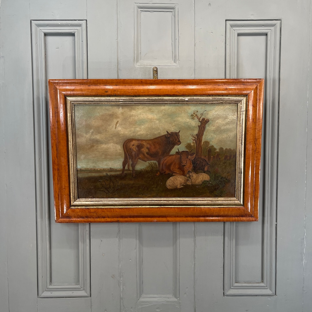 Antique Georgian Early Victorian Landscape Oil Painting Study of Bull ...