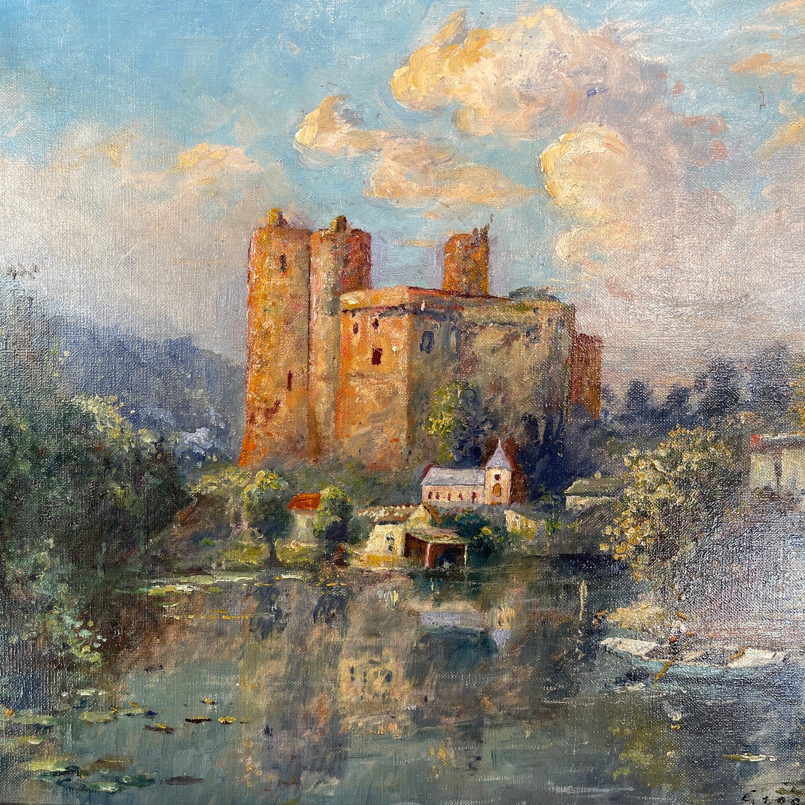 Large Antique French Impressionist Landscape Oil Painting of a Castle ...