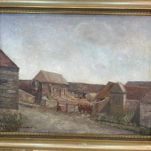 Antique Landscape Oil Painting of Farmyard With Cows Entitled Downs ...