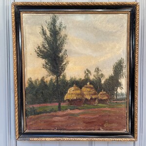 Antique French Impressionist Landscape Oil Painting of Haystacks Signed ...