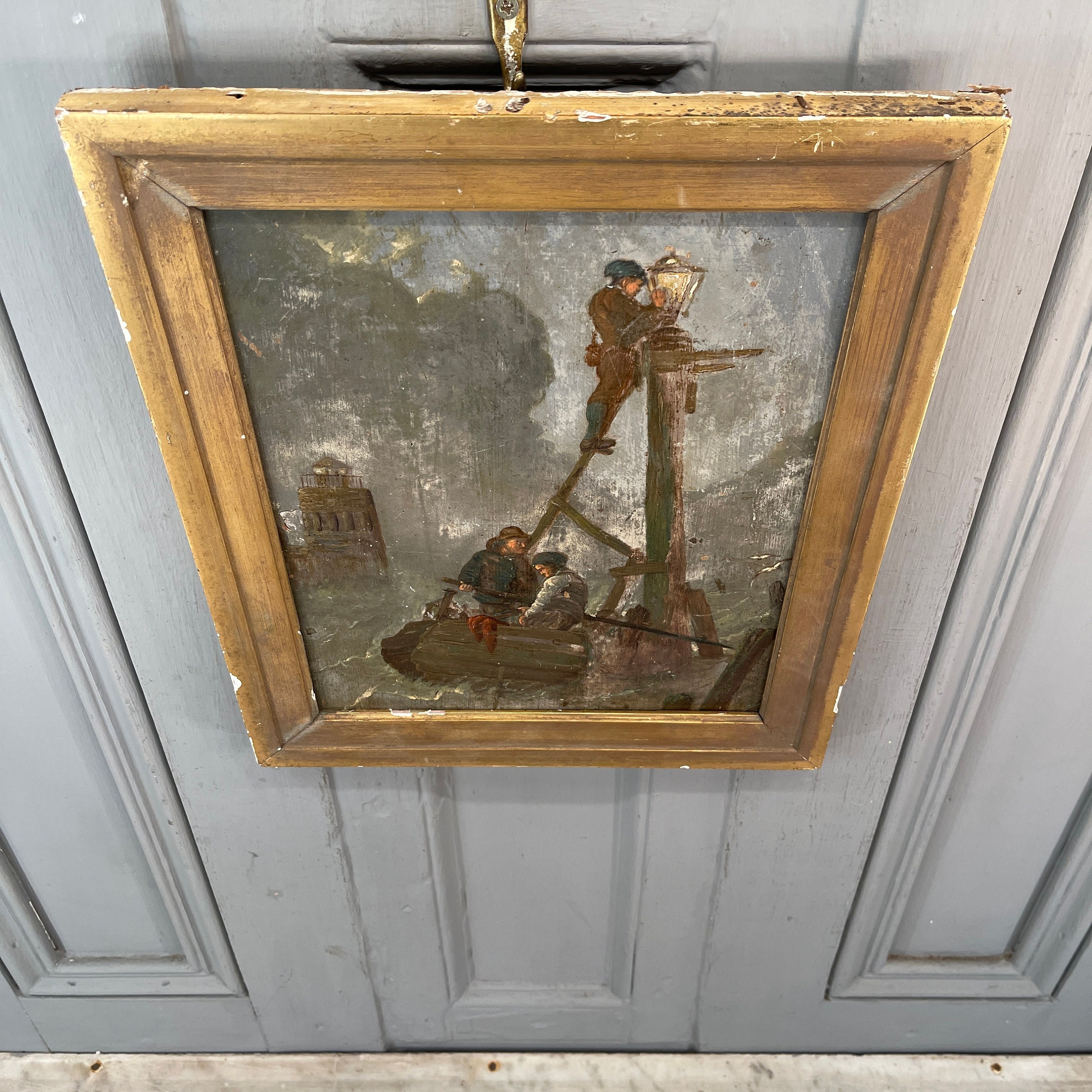 Antique Coastal Seascape Oil Painting of Sailors in Rowing Boat ...