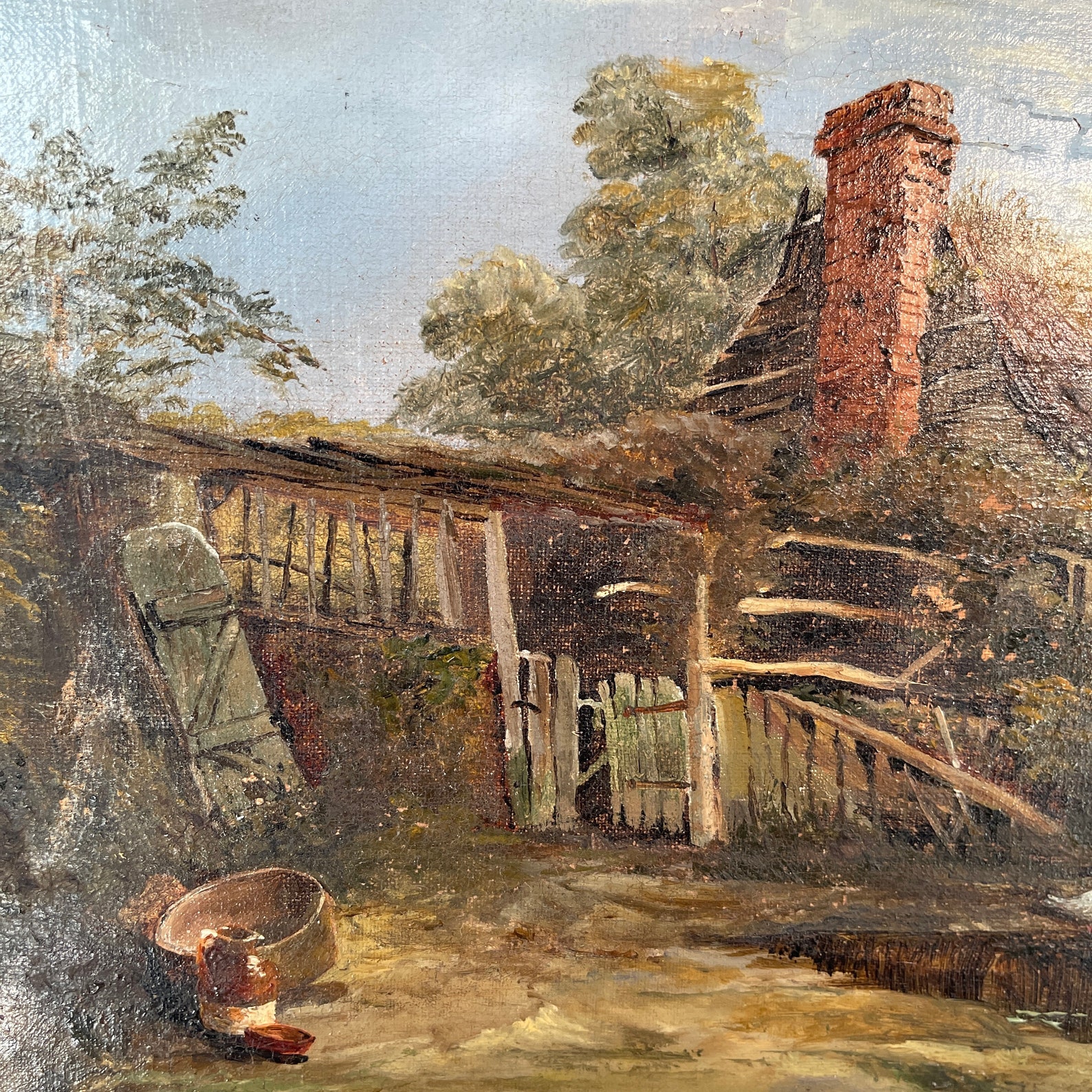 Antique Victorian Landscape Oil Painting of Tumbledown Cottage With ...