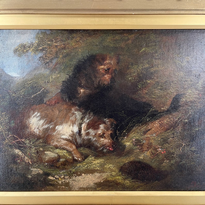 Large Antique Victorian Oil Painting Study of Terrier Dogs ...