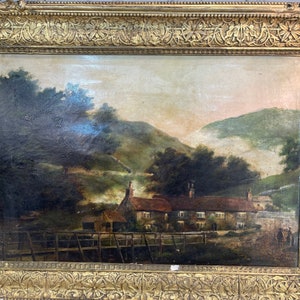 Large Antique Landscape Oil Painting of Monsal Dale Village, Derbyshire ...