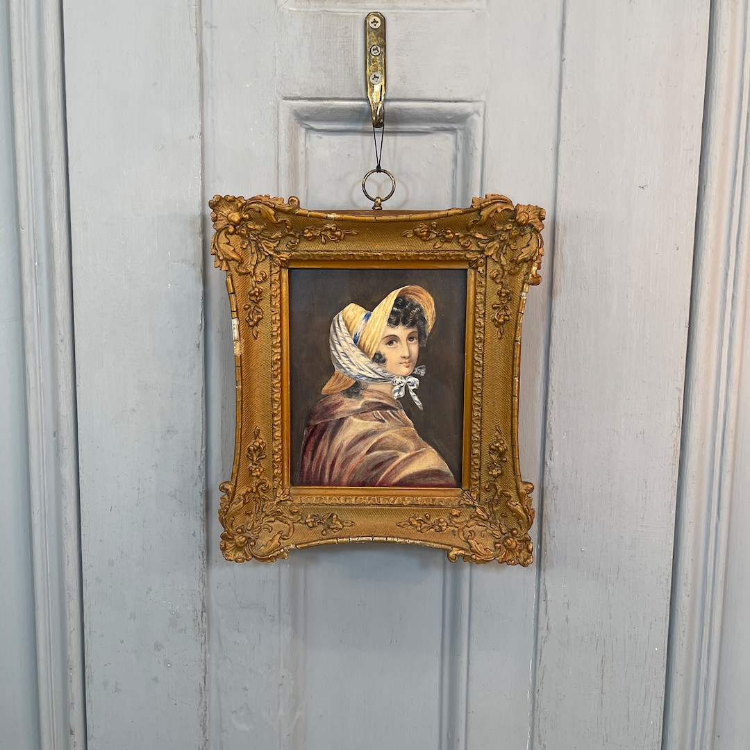 Small Antique Oil Painting Portrait of Young Girl in Straw Hat Bonnet ...