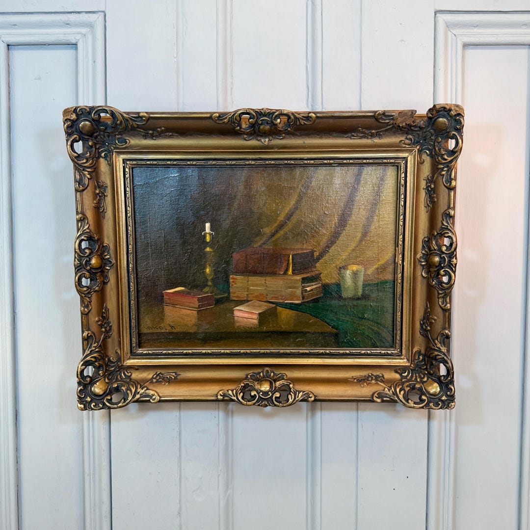 Antique Dutch Flemish Still Life Oil Painting of Books Candlestick and ...