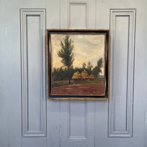 Antique French Impressionist Landscape Oil Painting of Haystacks Signed ...