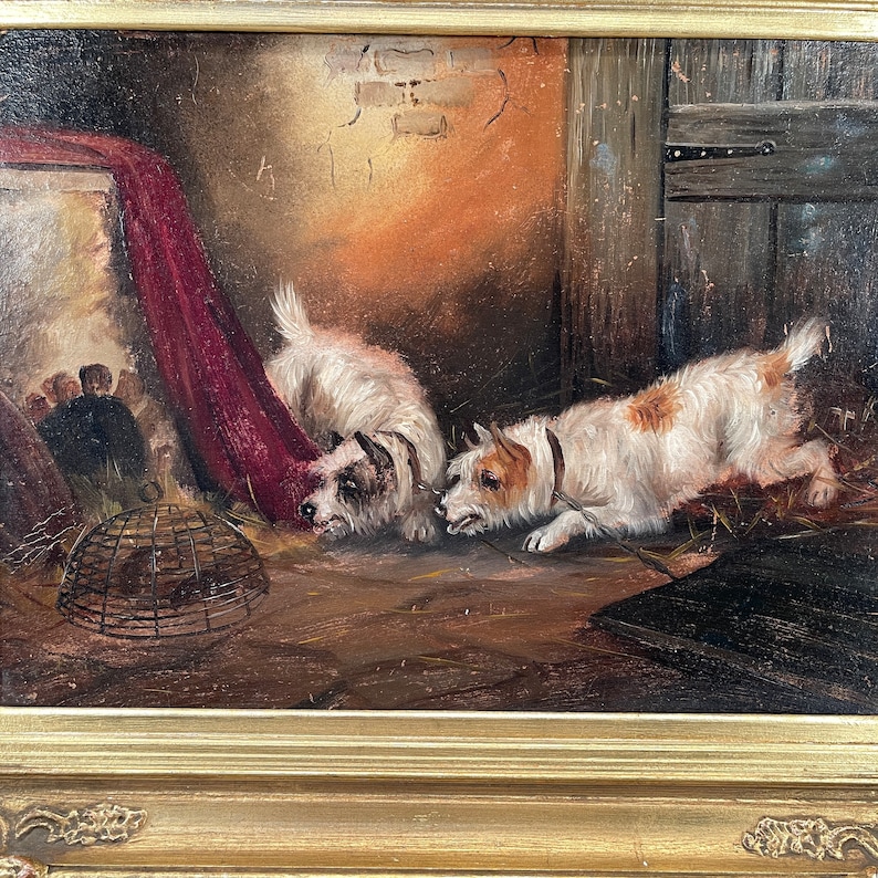 Antique Signed Victorian Oil Painting Study of Inquisitive Terrier Dogs ...