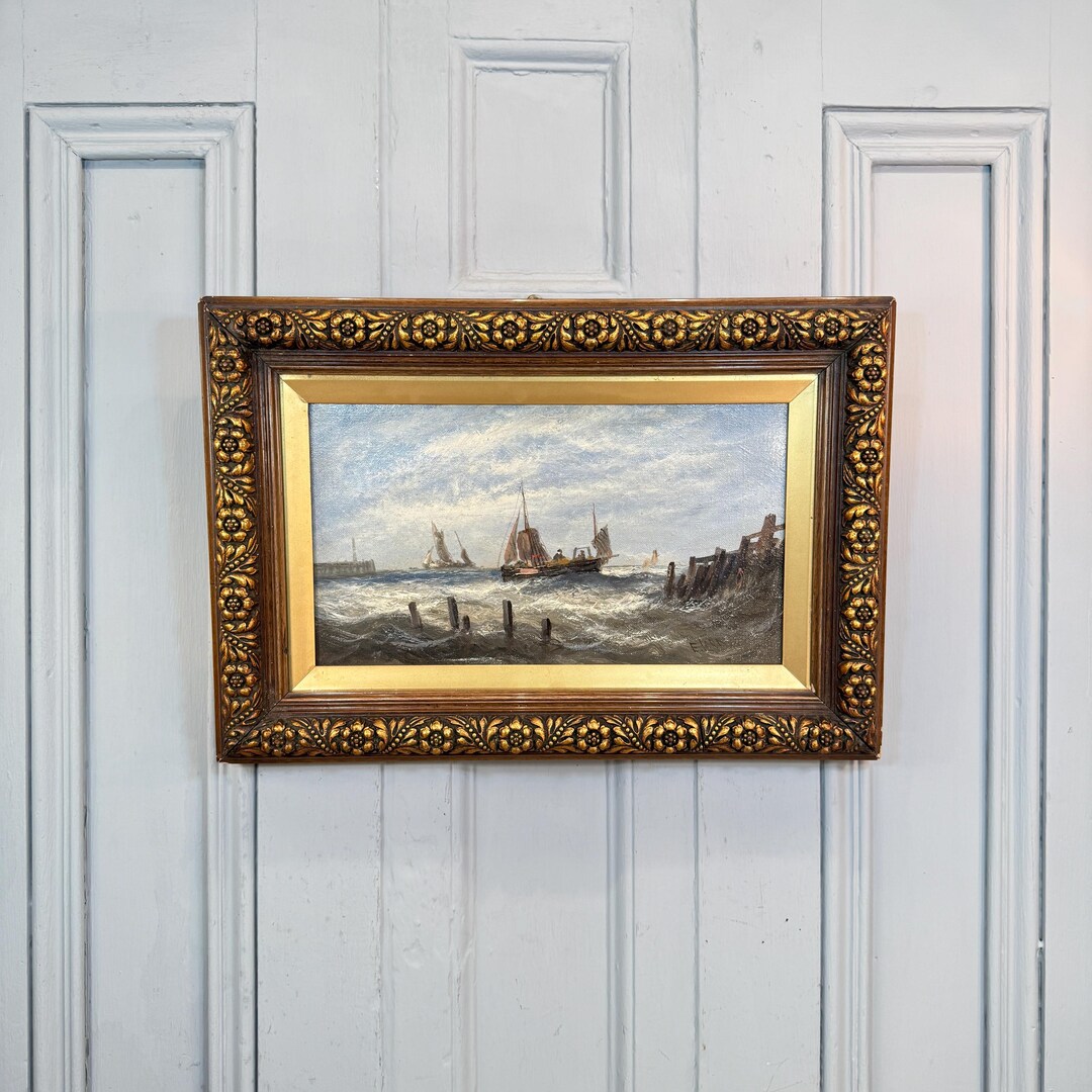 Antique Seascape of Sailing Ships off the Coast Signed E Lara (2 of 2 ...