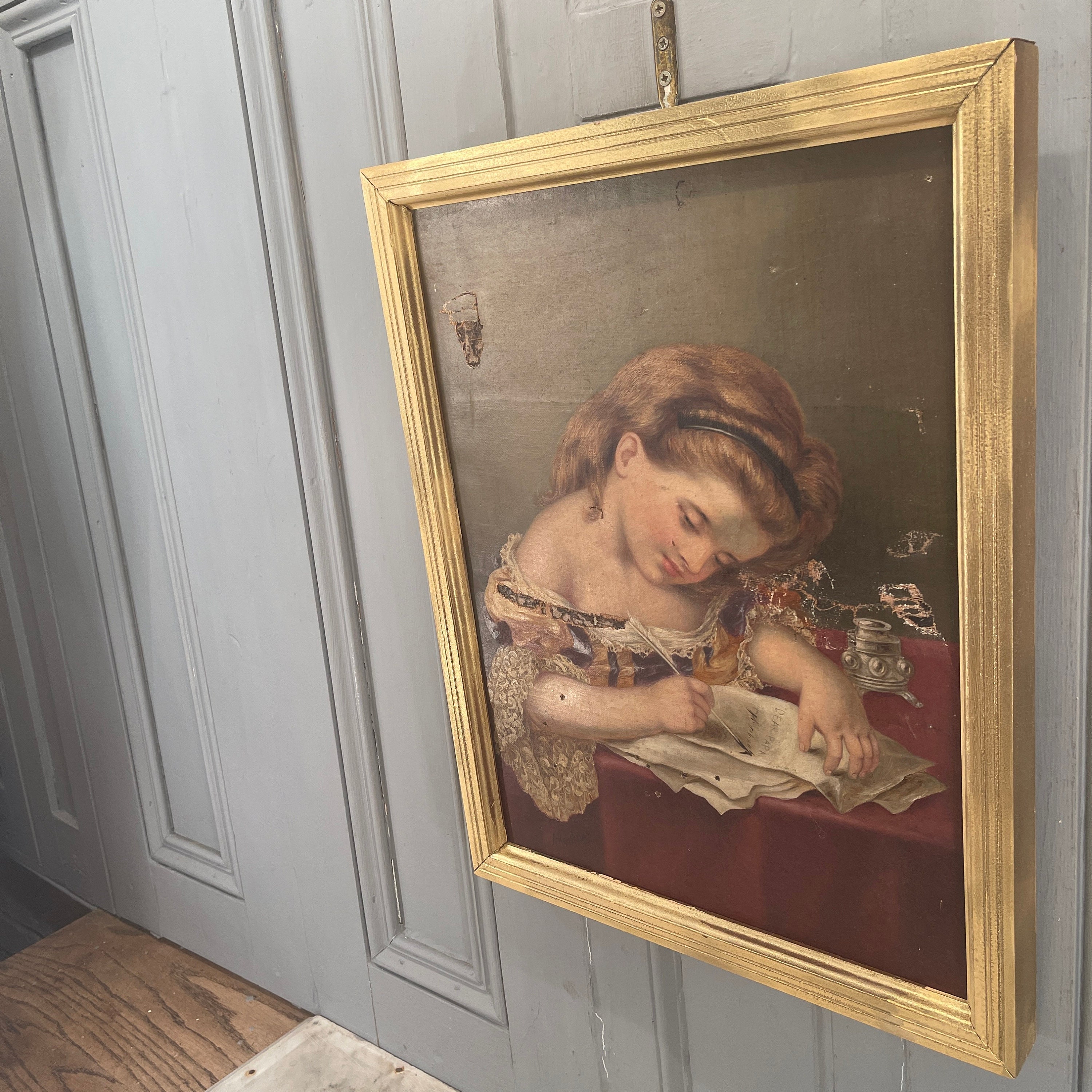Antique Distressed French Oil Painting Portrait Study of a Young Girl ...