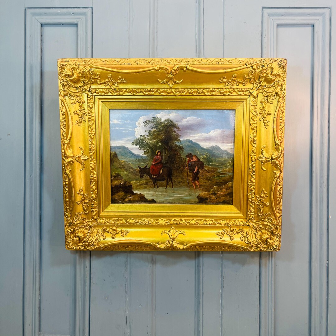 Antique River Landscape Oil Painting of Family Crossing River With ...