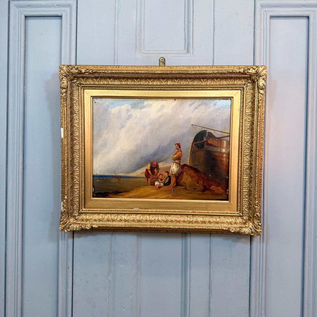 Antique Coastal Landscape Oil Painting Study of Fisher Folk After ...