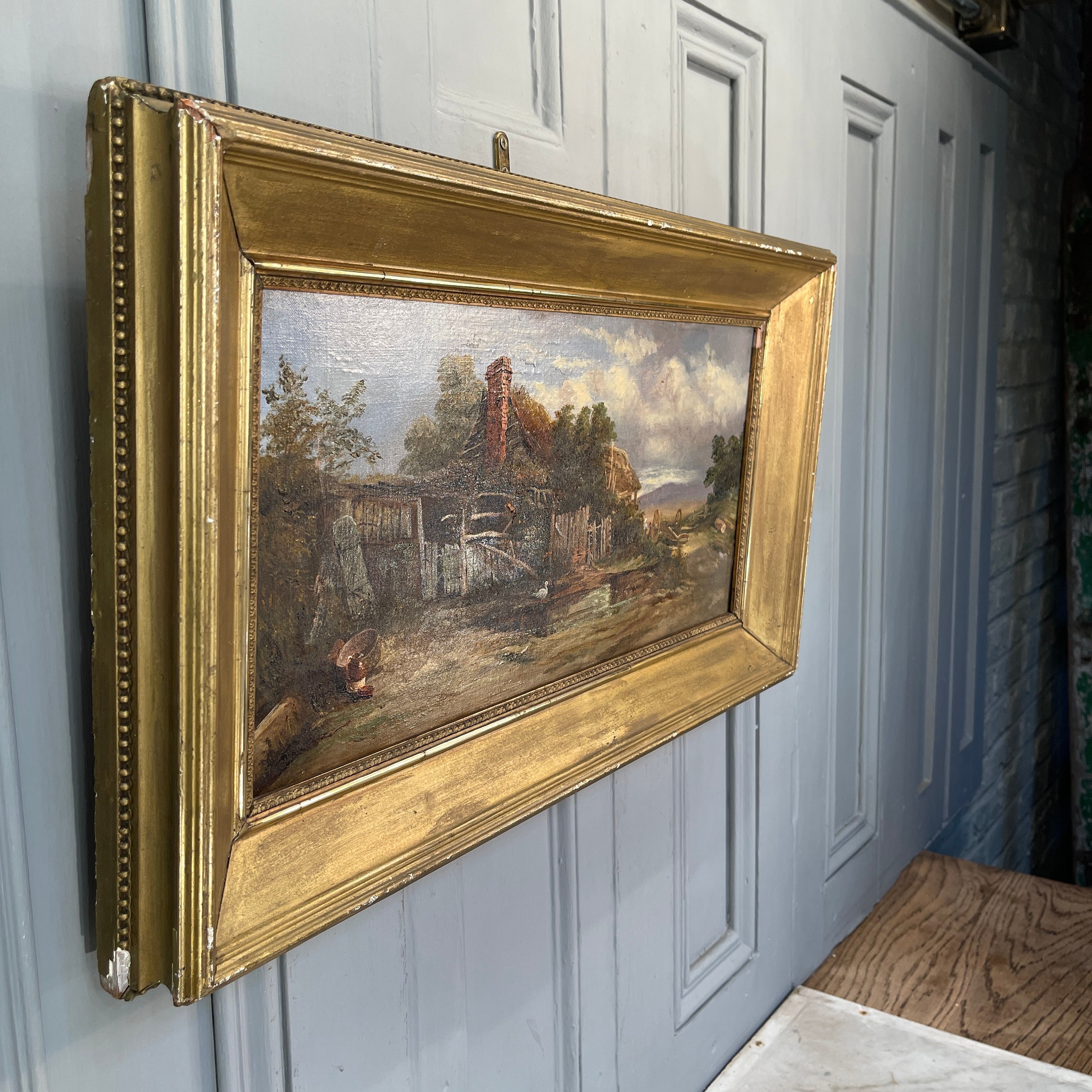 Antique Victorian Landscape Oil Painting of Tumbledown Cottage With ...