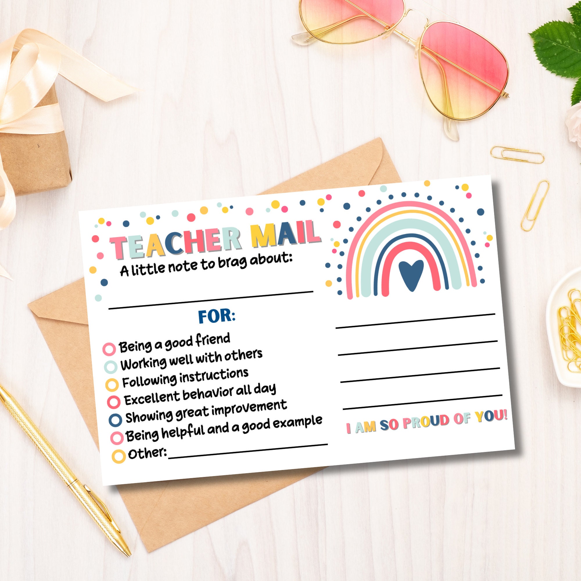 Rainbow Boho Teacher Mail Note Card, Good Behavior Incentive, Classroom ...
