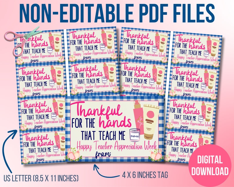 Thankful for the Hands That Teach Me, Thank You Card, Teacher Gift Card ...