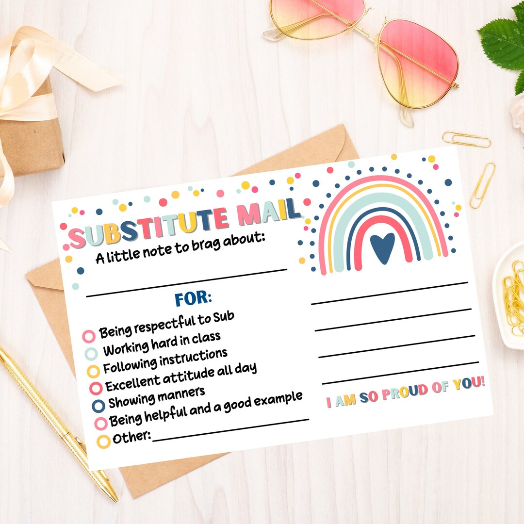 Rainbow Boho Substitute Mail Note Card, Good Behavior Incentive ...