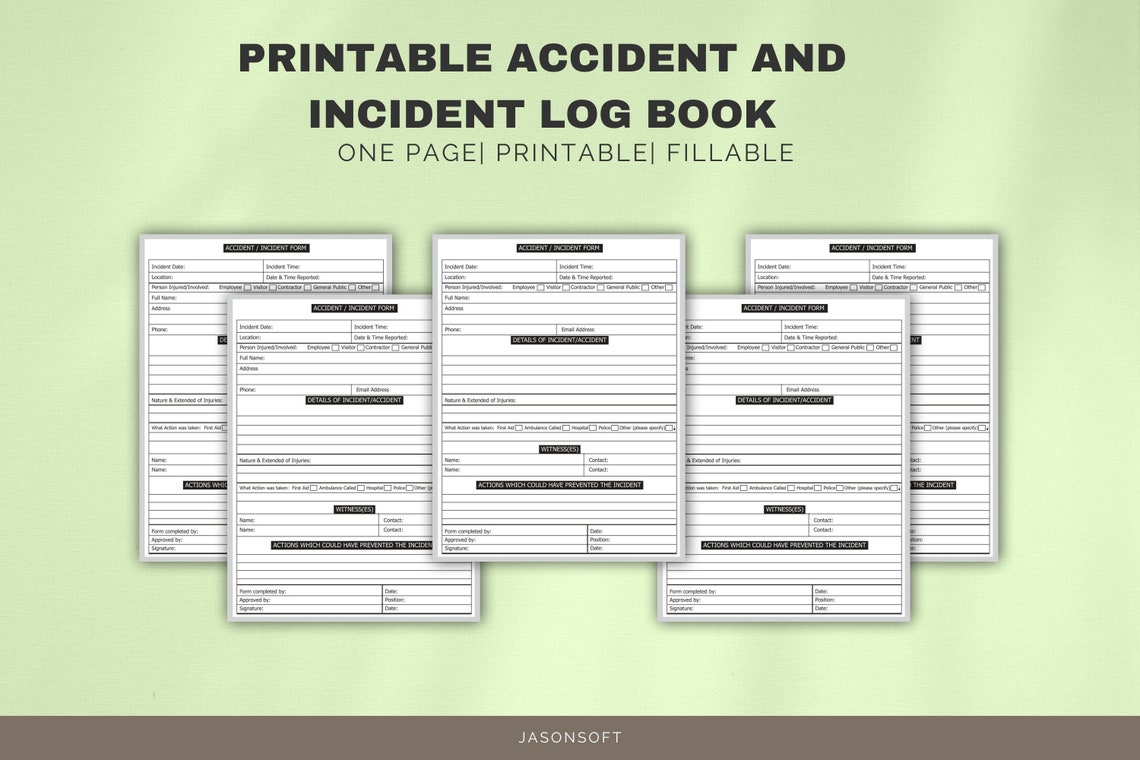 Printable Accident and Incident Log Book| Workplace Injury and Accident ...