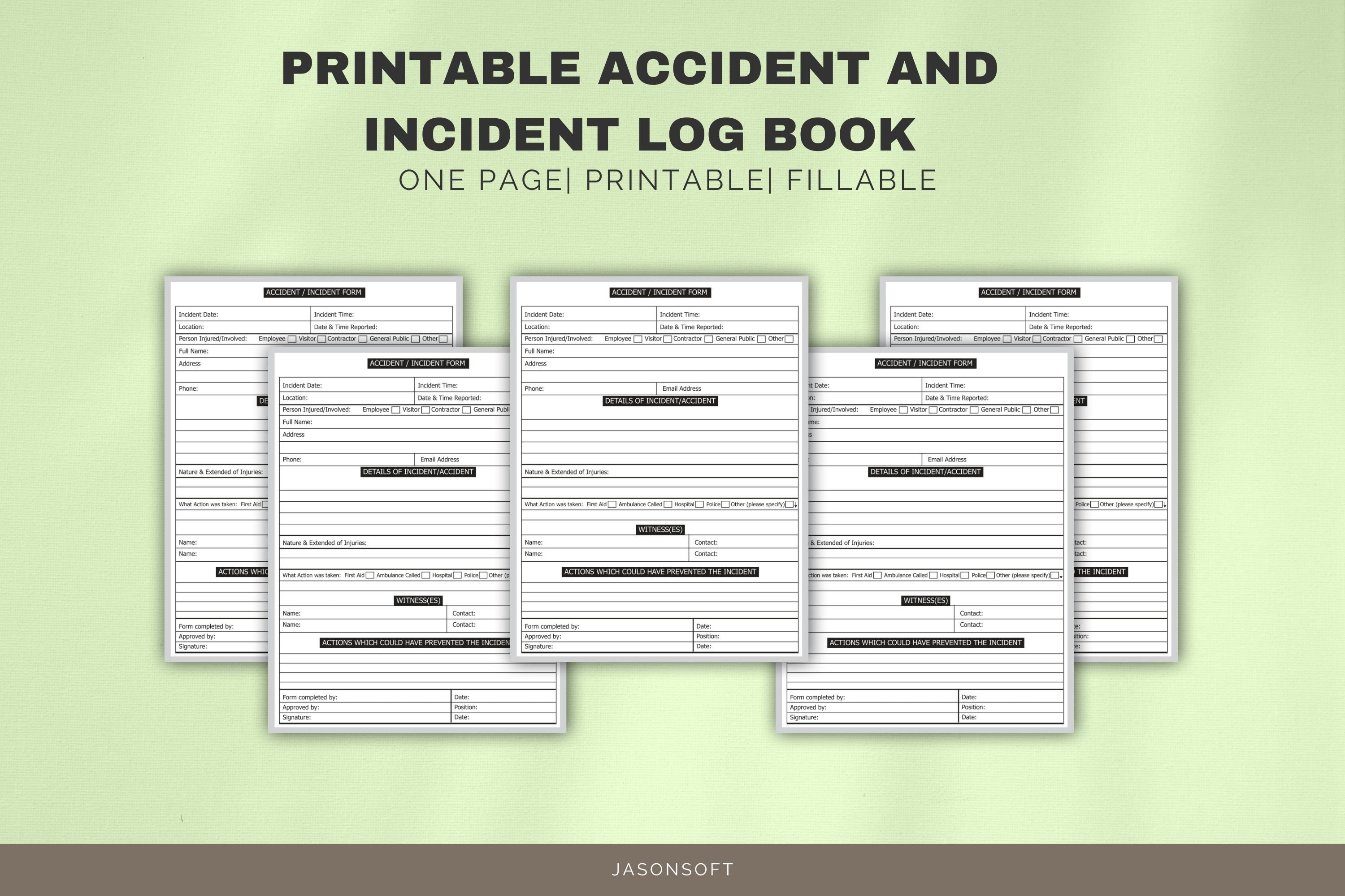 Printable Accident and Incident Log Book| Workplace Injury and Accident ...