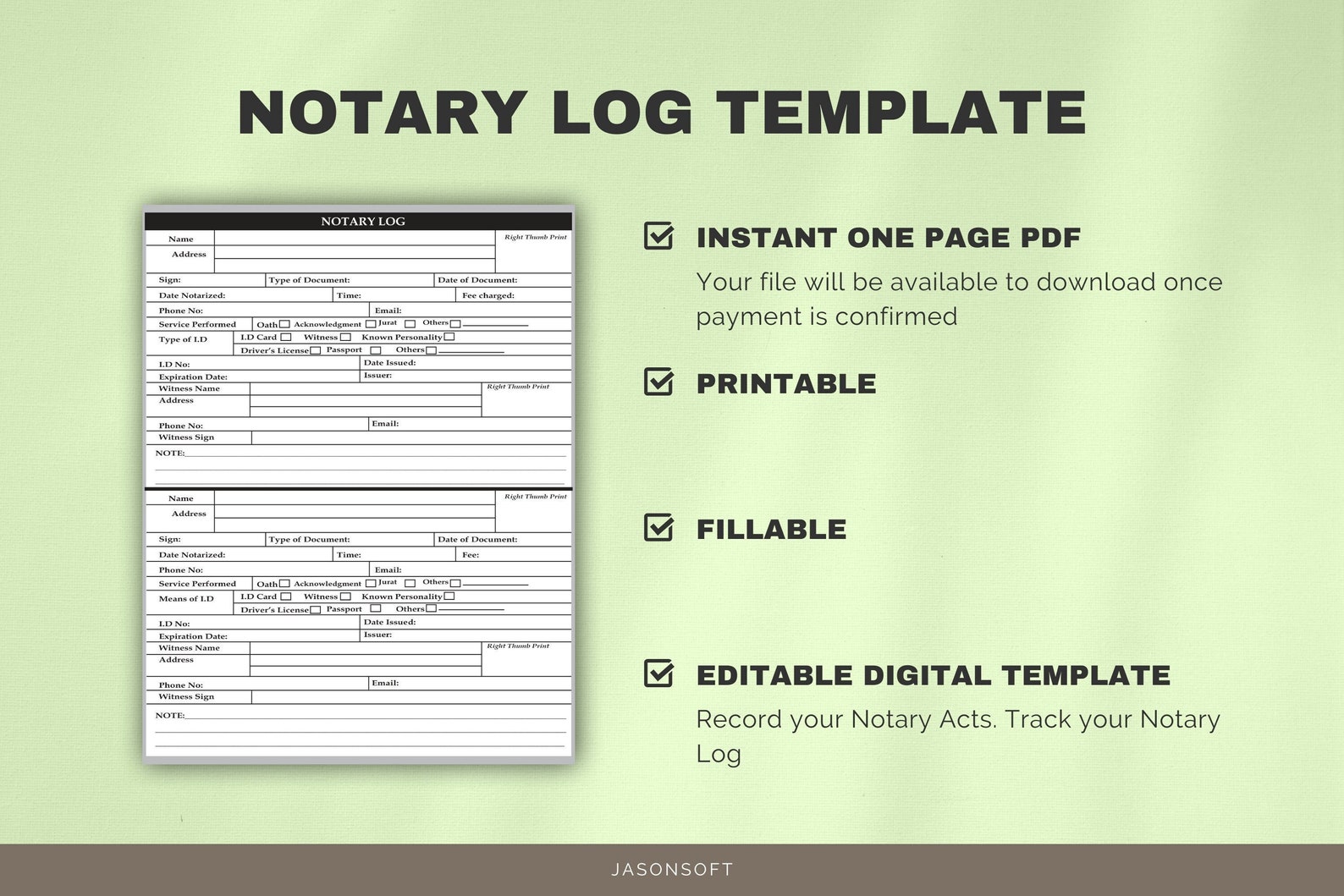 Printable Notary Log Template for Notary Signing Agent Public General ...