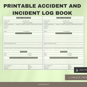 Printable Accident and Incident Log Book| Workplace Injury and Accident ...