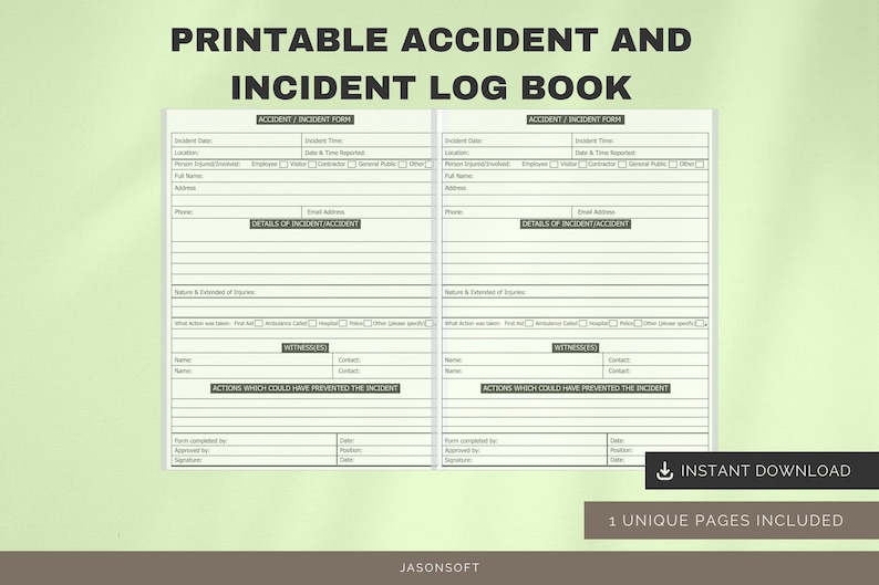 Printable Accident and Incident Log Book| Workplace Injury and Accident ...
