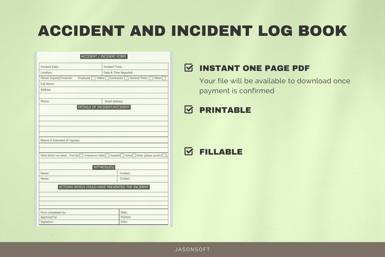 Printable Accident and Incident Log Book| Workplace Injury and Accident ...