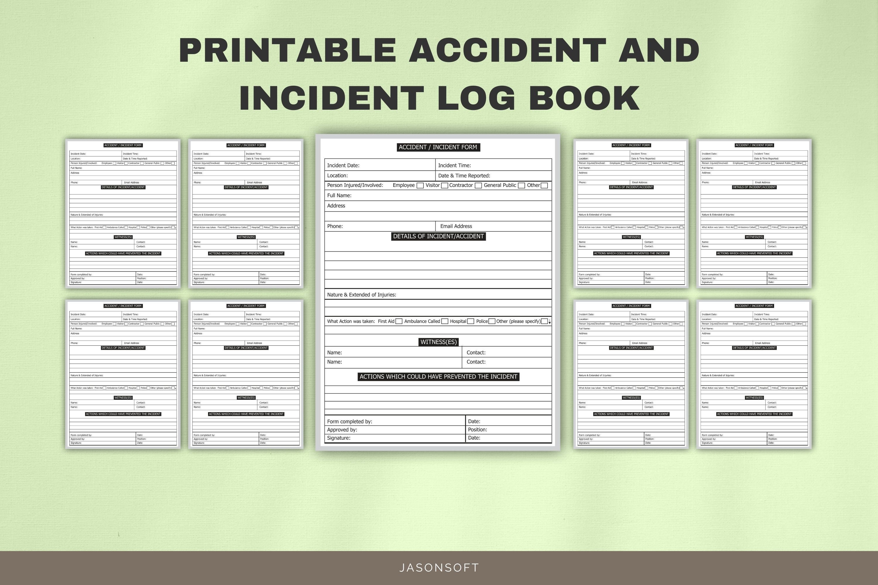 Printable Accident and Incident Log Book| Workplace Injury and Accident ...