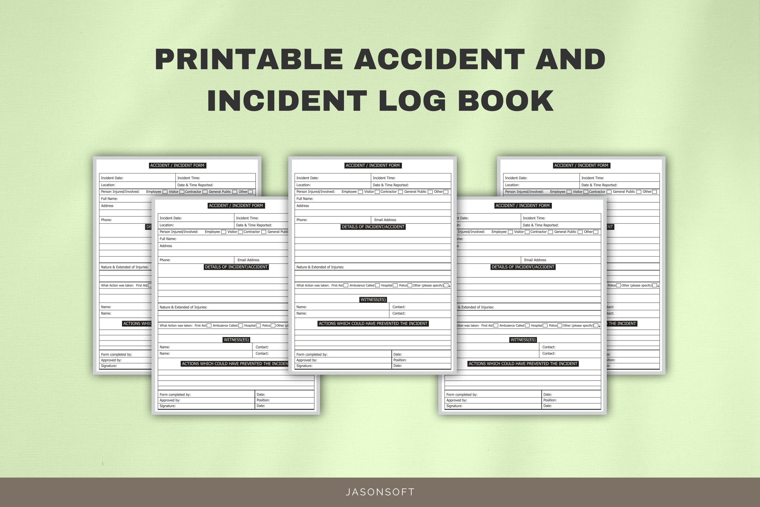 Printable Accident and Incident Log Book| Workplace Injury and Accident ...