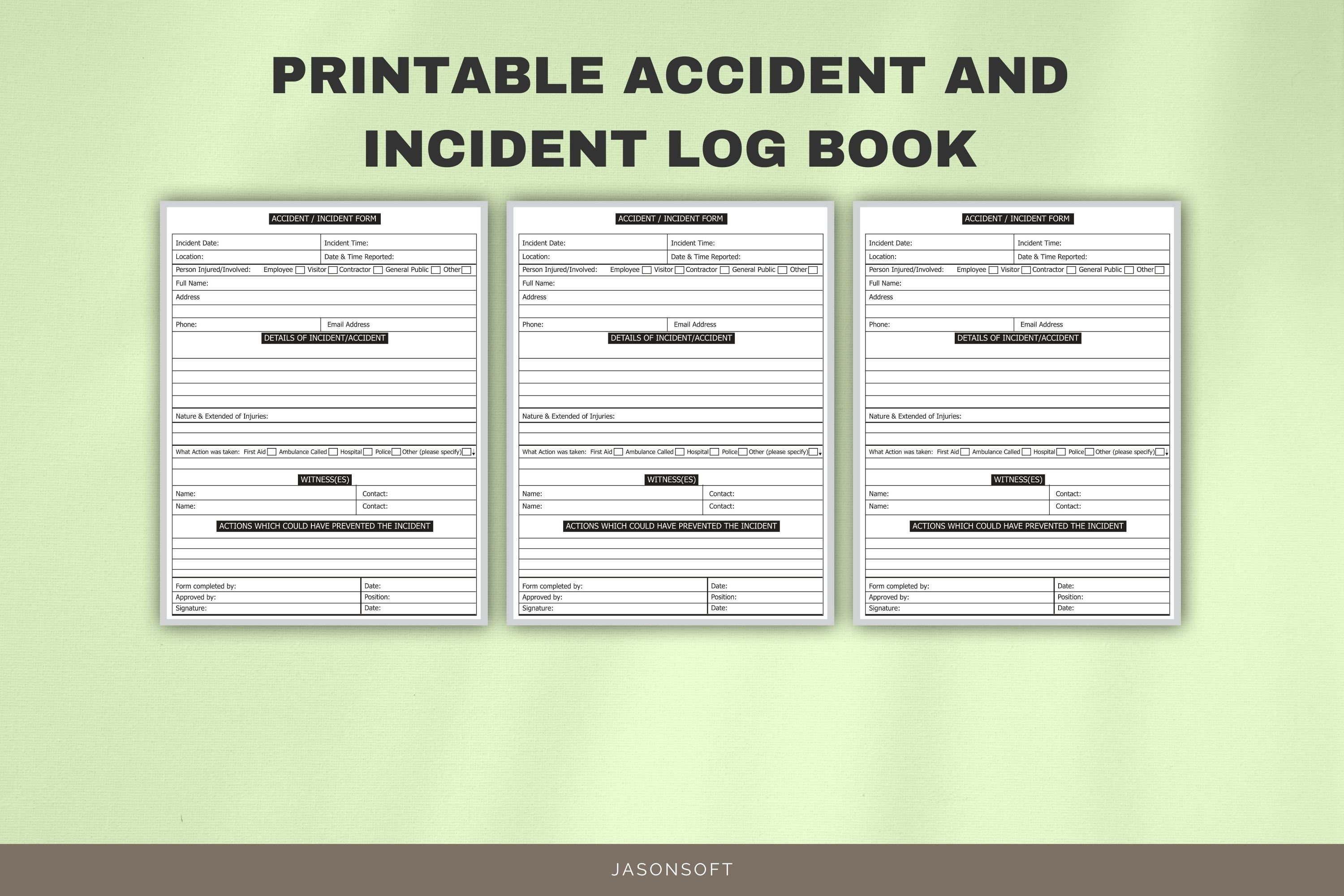 Printable Accident and Incident Log Book| Workplace Injury and Accident ...