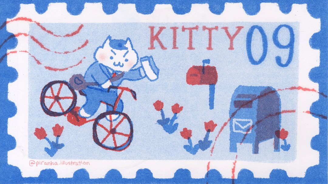 Kitty Postman Mailbox Delivery Postage Stamp Risograph Print 10.75" X 6 ...