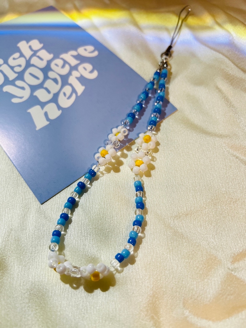 Bead Daisy Phone Charm, Seed Bead Phone Chain, Blue Bead Phone Charm ...