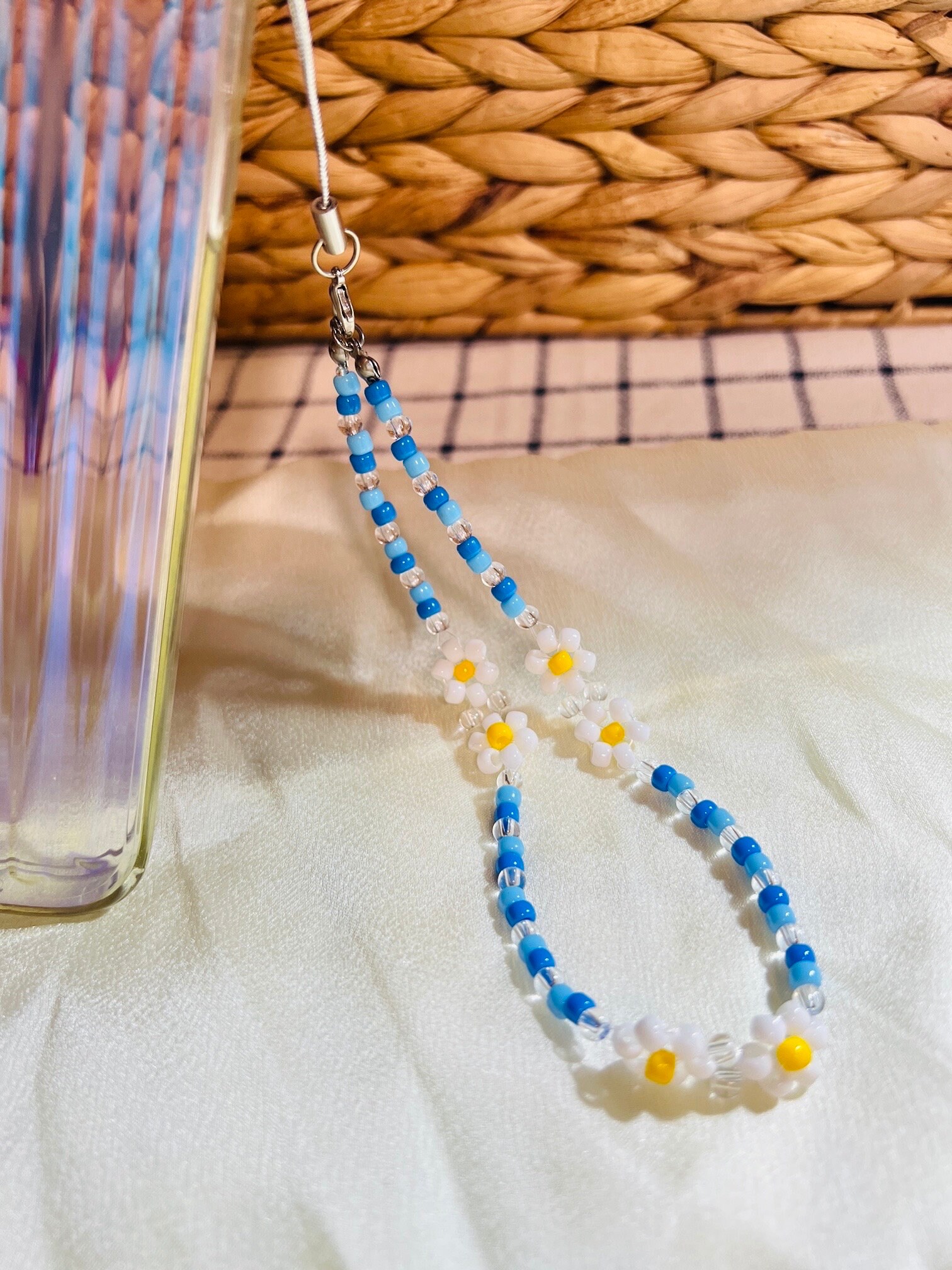 Bead Daisy Phone Charm, Seed Bead Phone Chain, Blue Bead Phone Charm ...