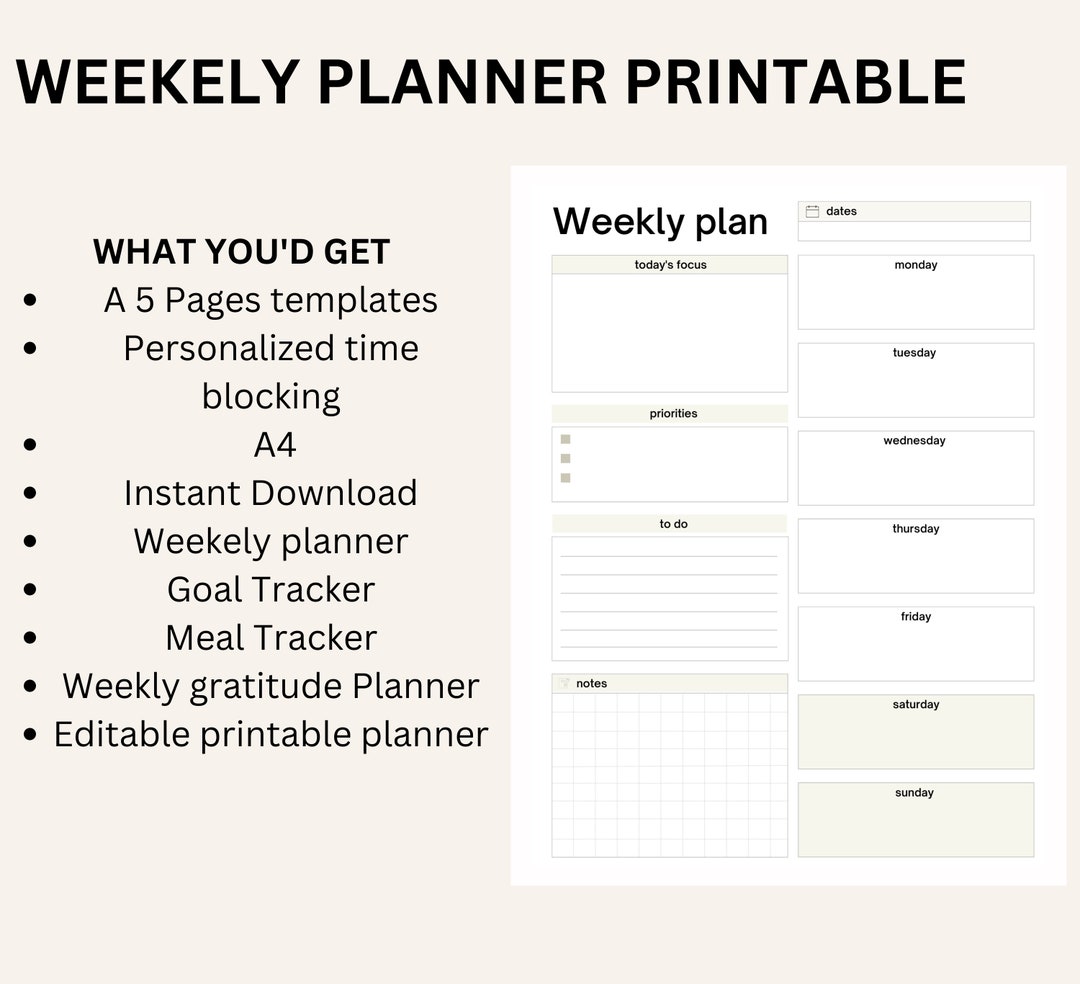 Elegant Weekly Planner Printable, Minimalist Weekly Schedule, Week at a ...