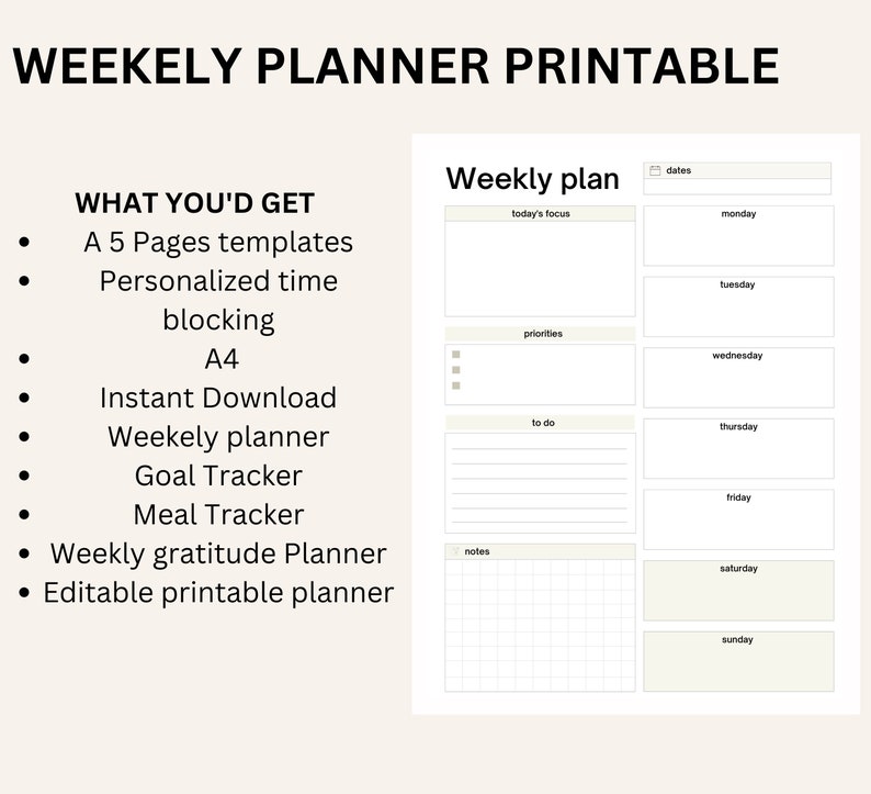 Elegant Weekly Planner Printable, Minimalist Weekly Schedule, Week at a ...