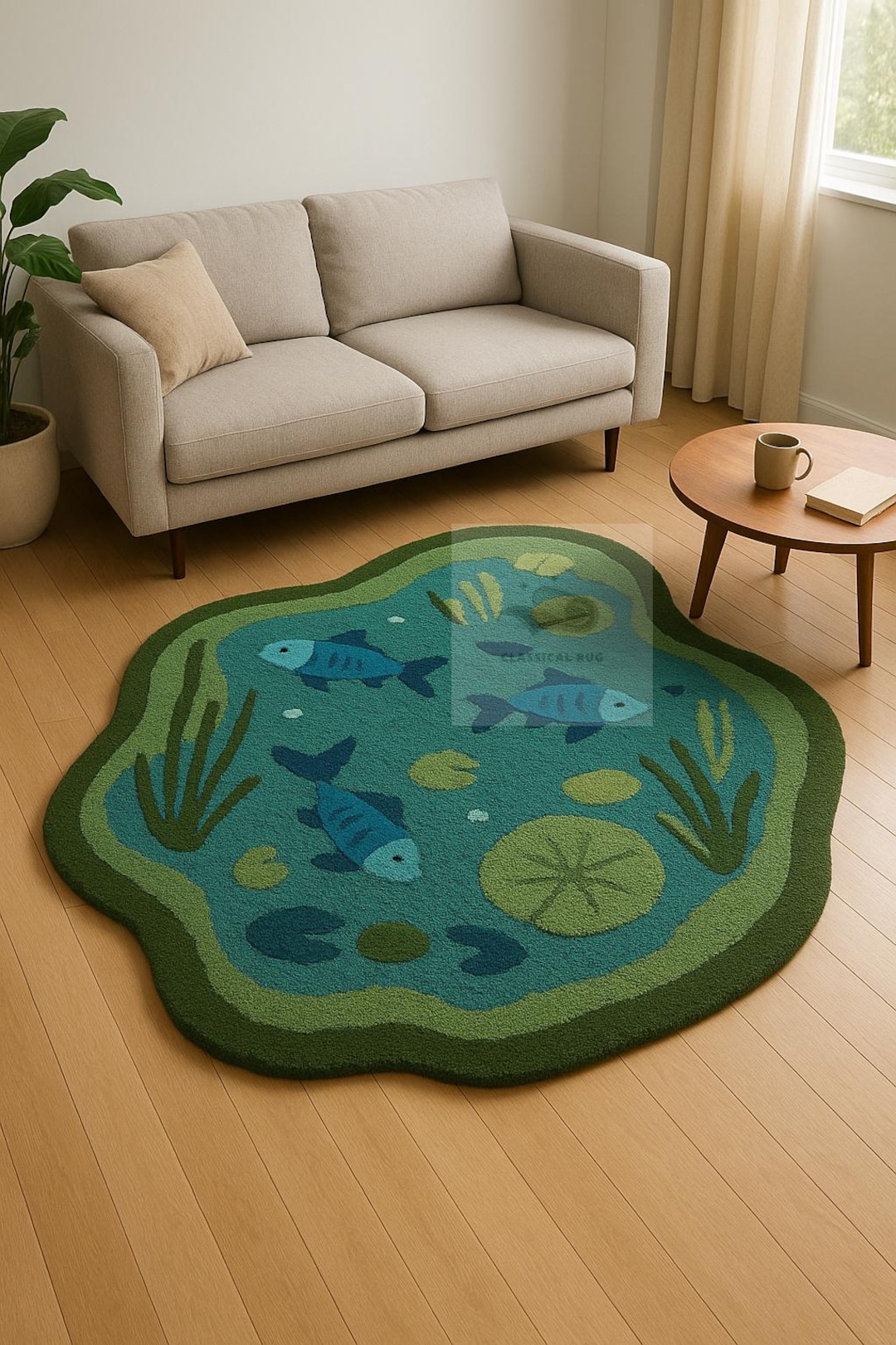 Hand Tufted Wool Koi Fish Pond Rug, Irregular Green Carpet - Etsy