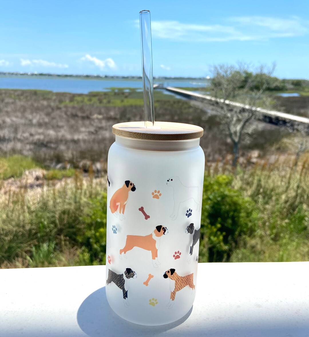Boxer Dog Frosted Glass Tumbler 16oz Cup With Bamboo Lid and Straw Cute ...