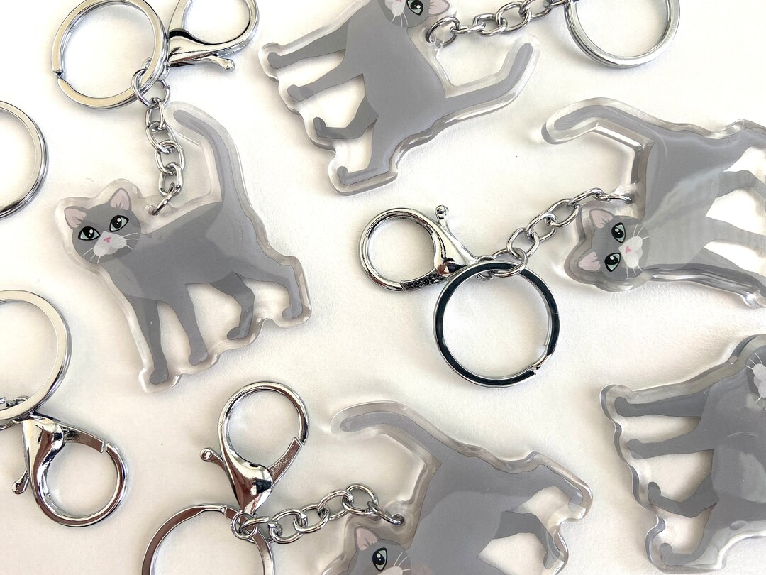 Gray Cat Keychain Cute Charm Clear Acrylic and Resin Gray and White ...