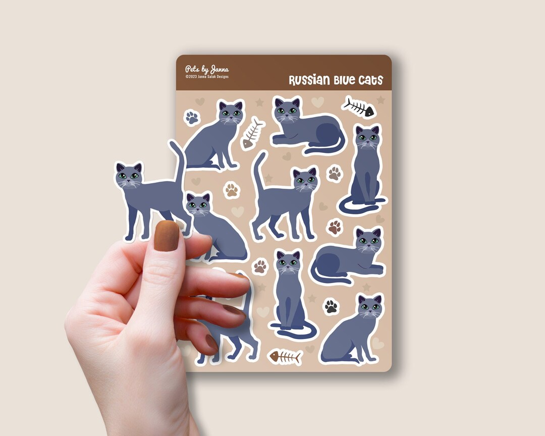 Russian Blue Cat Sticker Sheet Glossy Vinyl Cute Cats Paws and ...