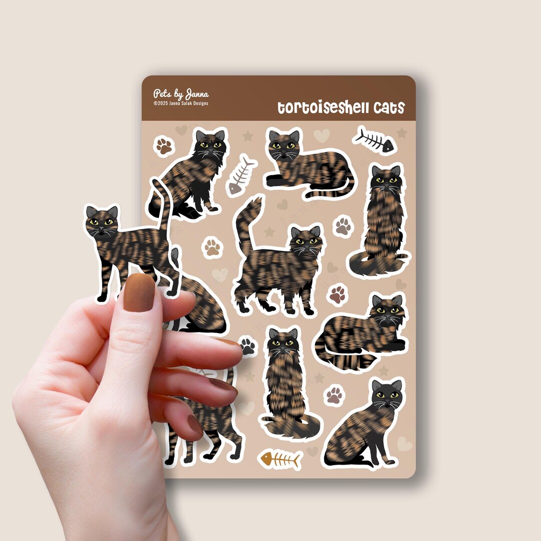 Tortie Cat Sticker Sheet: Glossy Vinyl Tortoiseshell Cats - Etsy