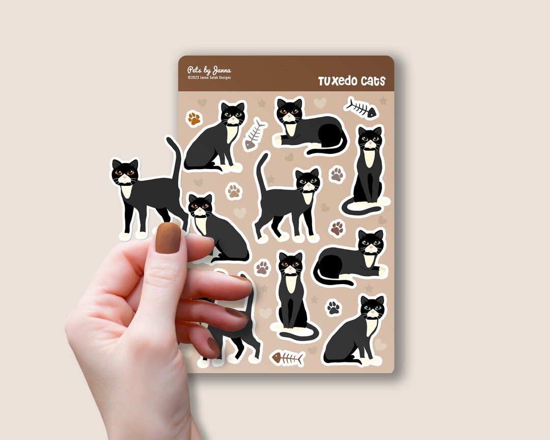 Tuxedo Cat Sticker Sheet Glossy Vinyl Cute Tuxedo Cats Paws and ...