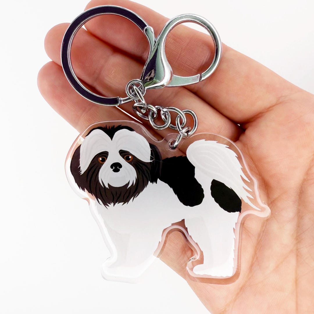 Shih Tzu Keychain: Black & White Acrylic Dog Charm, Silver Key Ring - Etsy