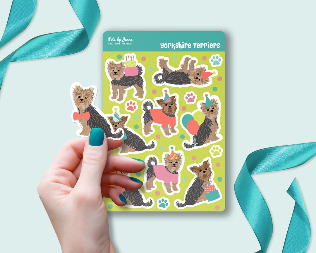 Party Yorkie Sticker Sheet: Cute Yorkshire Terrier Dog Stickers - Etsy