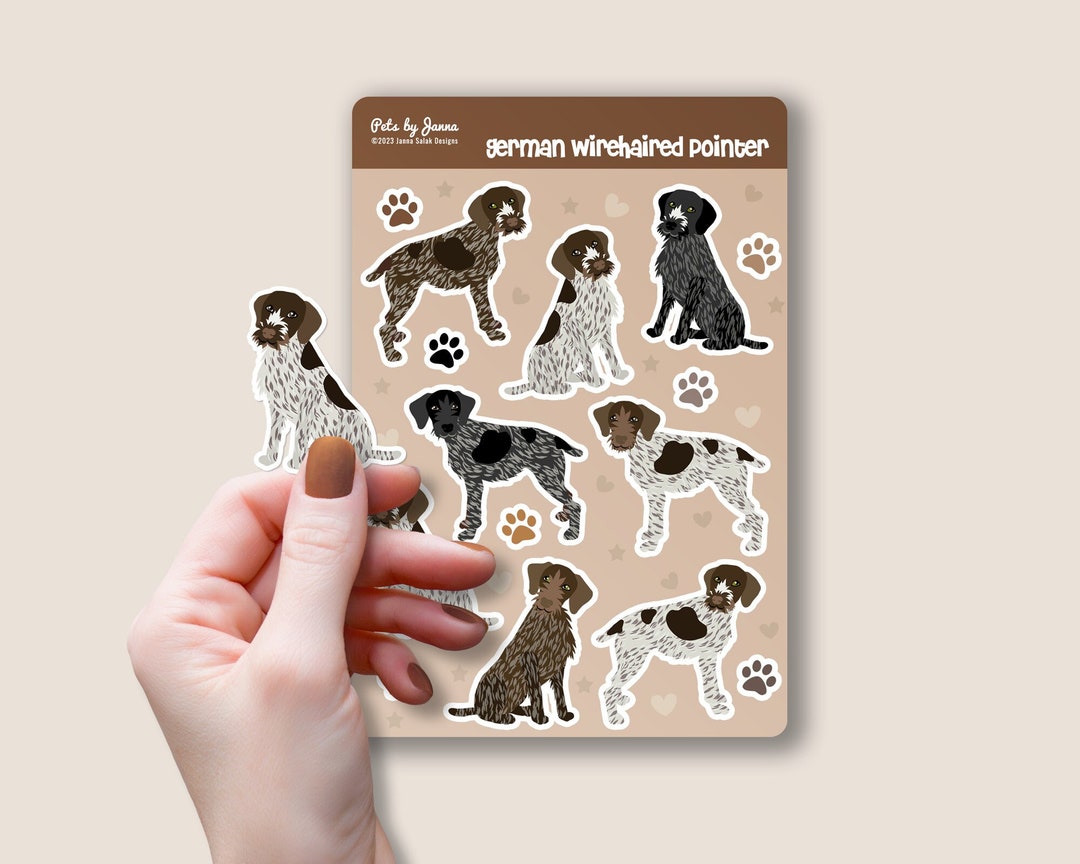 German Wirehaired Pointer Sticker Sheet Glossy Vinyl Cute GWP Wirehair Dog Paw and Bone Water ...