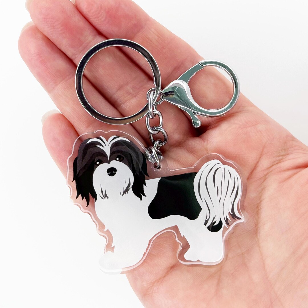 Havanese Dog Keychain: Black and White Acrylic Charm, Silver Key Ring ...