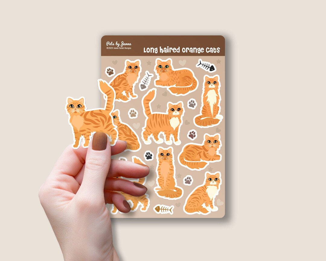 Long Haired Orange Tabby Cat Sticker Sheet Glossy Vinyl Cute Ginger ...