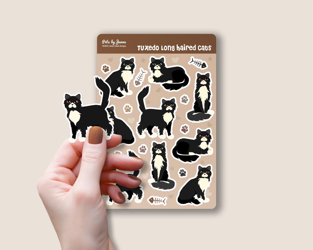 Long Haired Tuxedo Cat Sticker Sheet Glossy Vinyl Cute Tuxedo Cats Paws ...