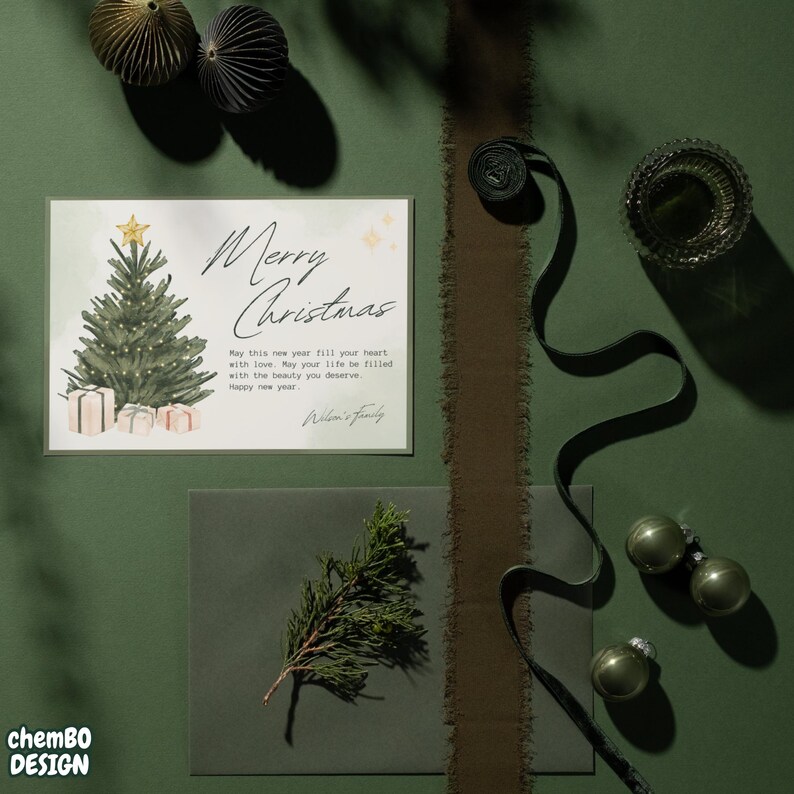 Merry Christmas Card Printable, Christmas Tree Illustration Card ...