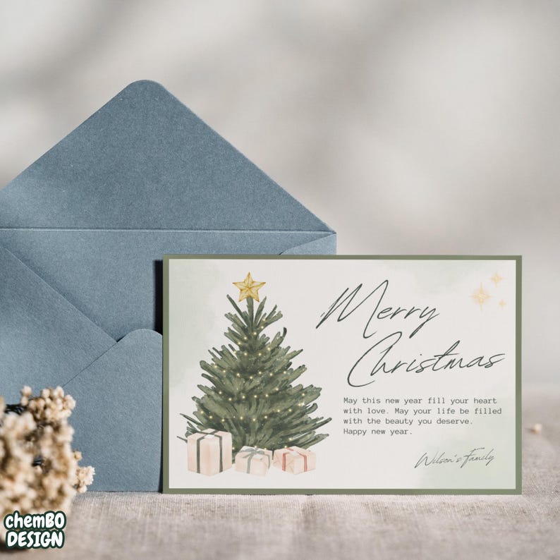 Merry Christmas Card Printable, Christmas Tree Illustration Card ...